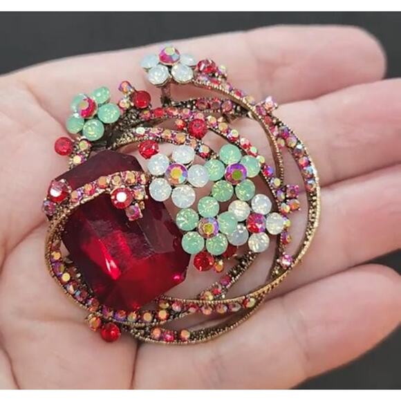 Jewelry | Abstract Floral Brooch Red Faux Jewel Rhinestone Retro Pin ...